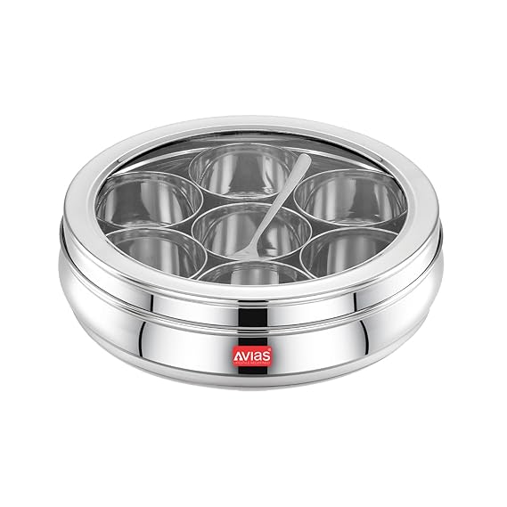 Avias Stainless Steel Spice Box masala Dabba Deluxe Glass Lid Small 17 ...