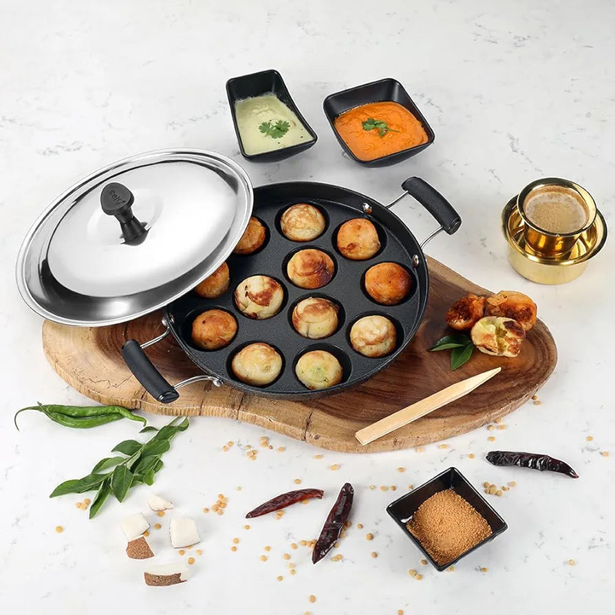 Cello Non-Stick 12 Cavity Appam Patra Pan with Stainless Steel Lid 2 S ...