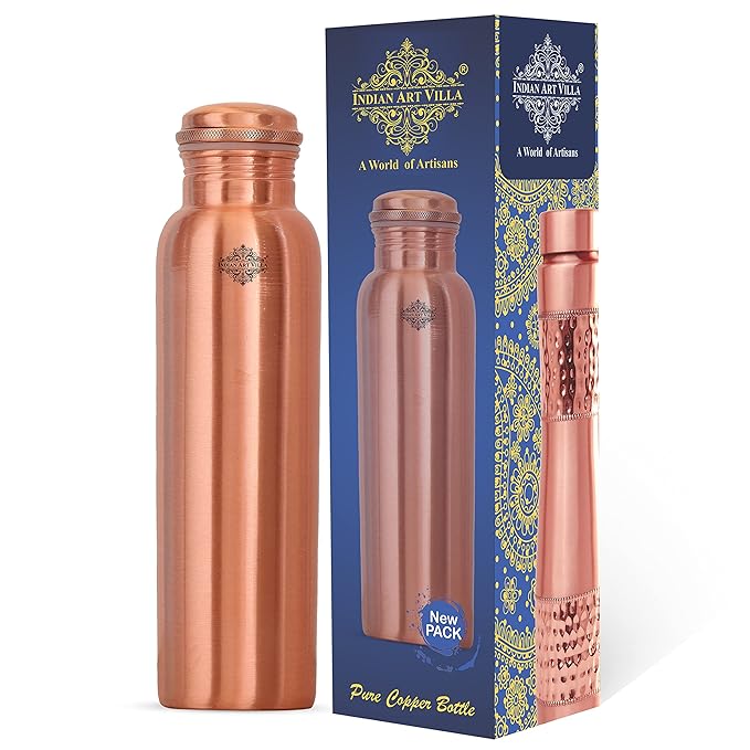 Indian Art Villa Pure Copper Water Bottle With Plain Matt Finish Desig ...