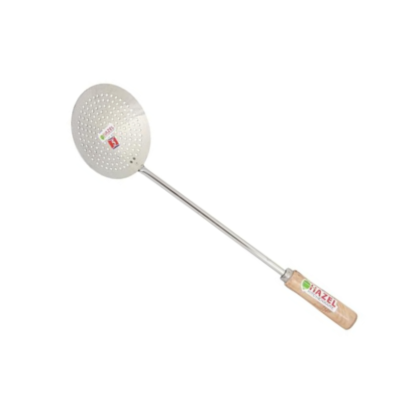 Hazel Steel Frying Jhara with Wooden Handle (46 cm) Silver – Veeha's ...